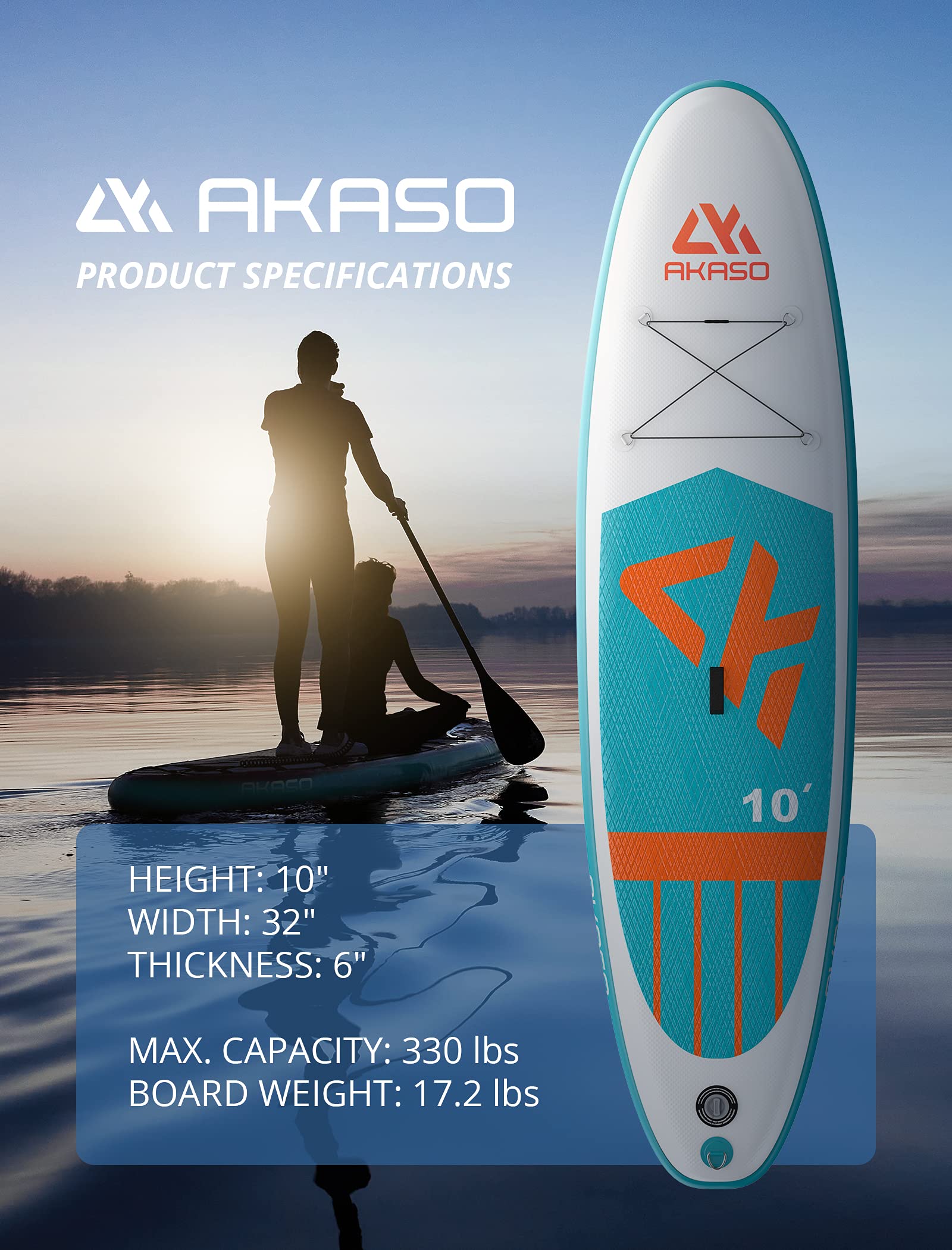 Inflatable SUP Paddle Board Stand-Up – AKASO 10'x 32”x 6” Premium SUP ...